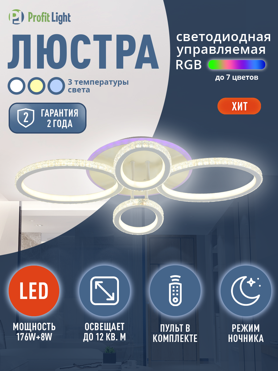 Люстра потолочная светодиодная с пультом Profit Light 8033/2+2 WHT 176W+8W RGB