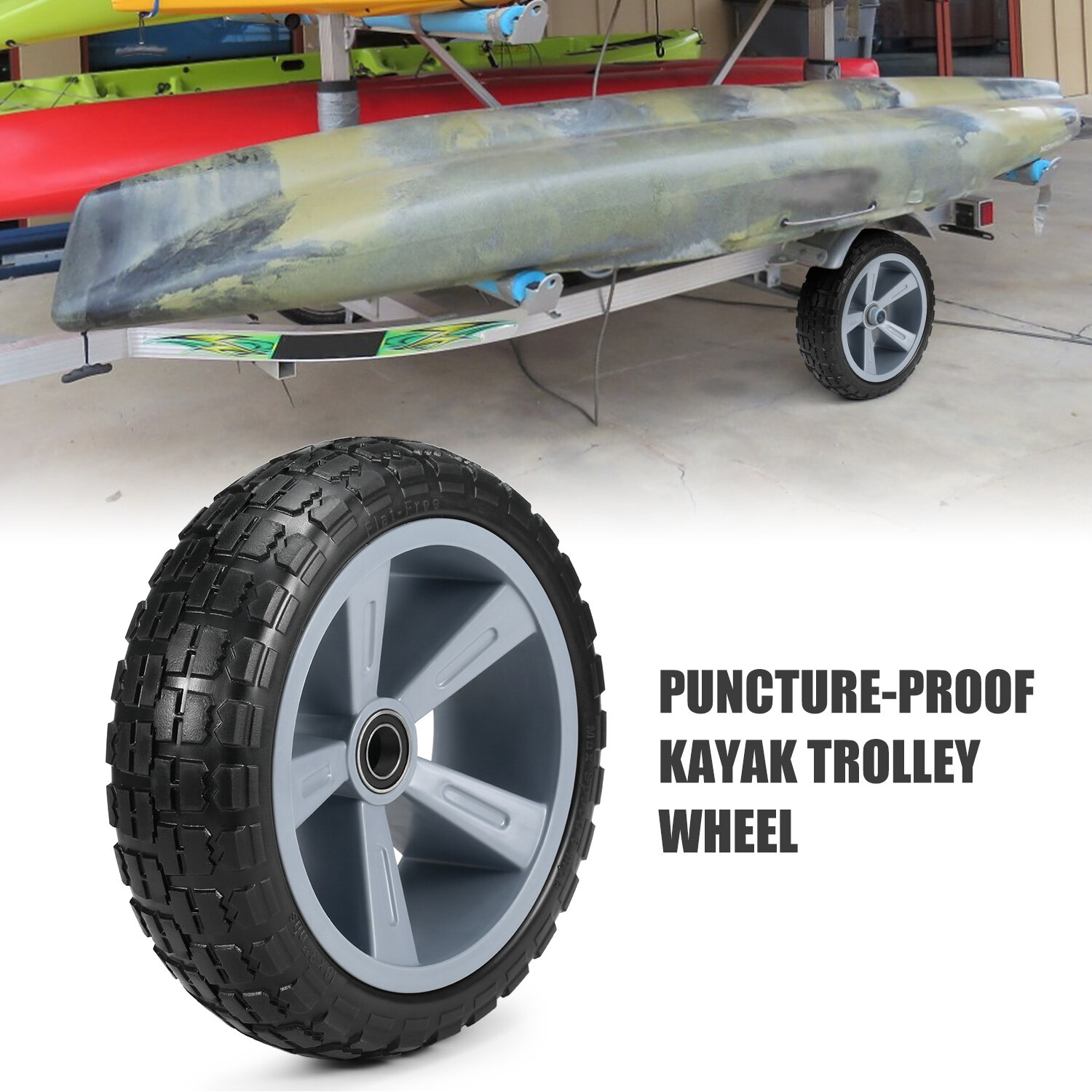10 Inches Puncture-proof Kayak Trolley Tire Wheel для замены колеса тележки для каяка и каноэ, материал TPU, Нейлон, Металл, внешний диаметр 245mm/10in, толщина 78mm/3.1in, максимальная нагрузка 150kg/330lb, вес approx. 814.4g/28.7oz, 1* Tire Wheel