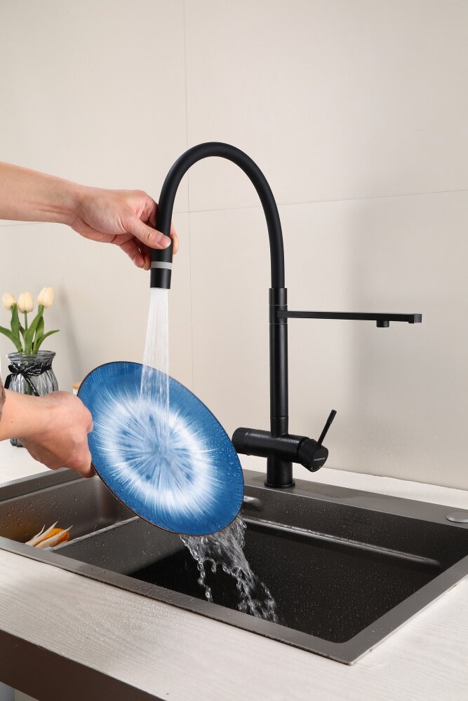 Смеситель для кухни с фильтром для питьевой воды Hansen HL15089-C черный с гибким изливом, магнитный