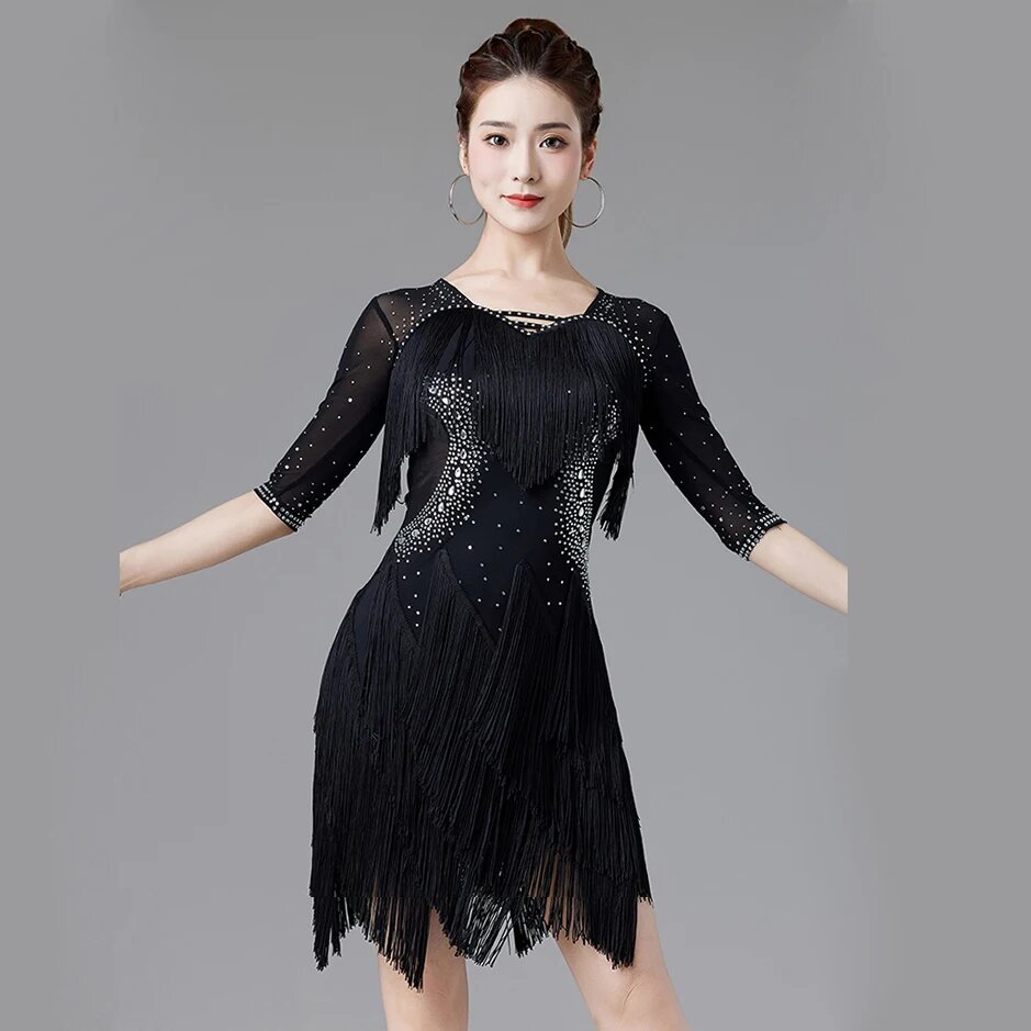 Женское цельнокроеное платье для латиноамериканских танцев, эластичное платье на бретельках для девушек, сальсы, самбы, костюм с бахромой и полурукавами для соревнований Черный, L, черный