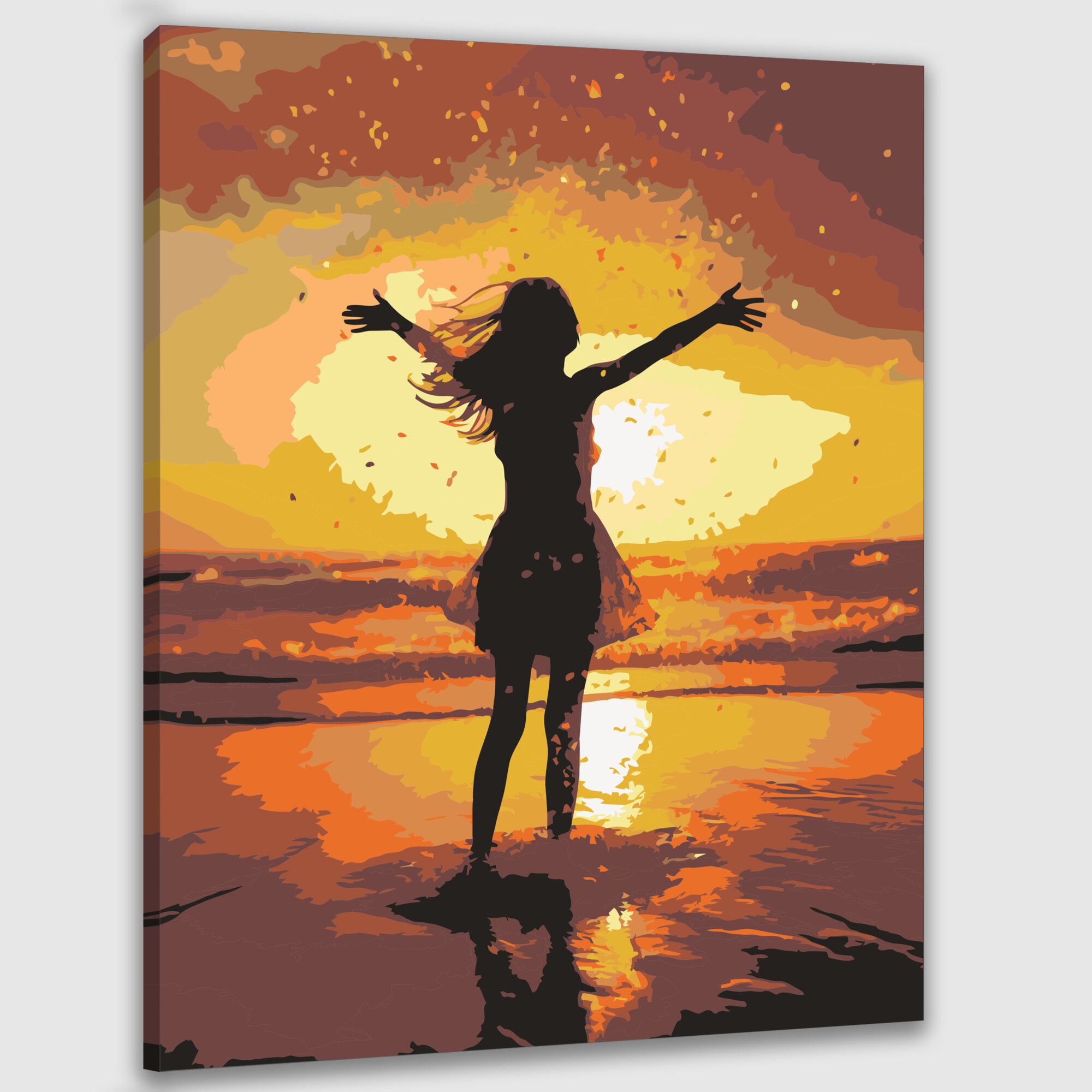 Картина по номерам 40x50 см, фотография, девушка, пляж, руки, океан, волны, свет, улыбка, капельки, вода, композиция