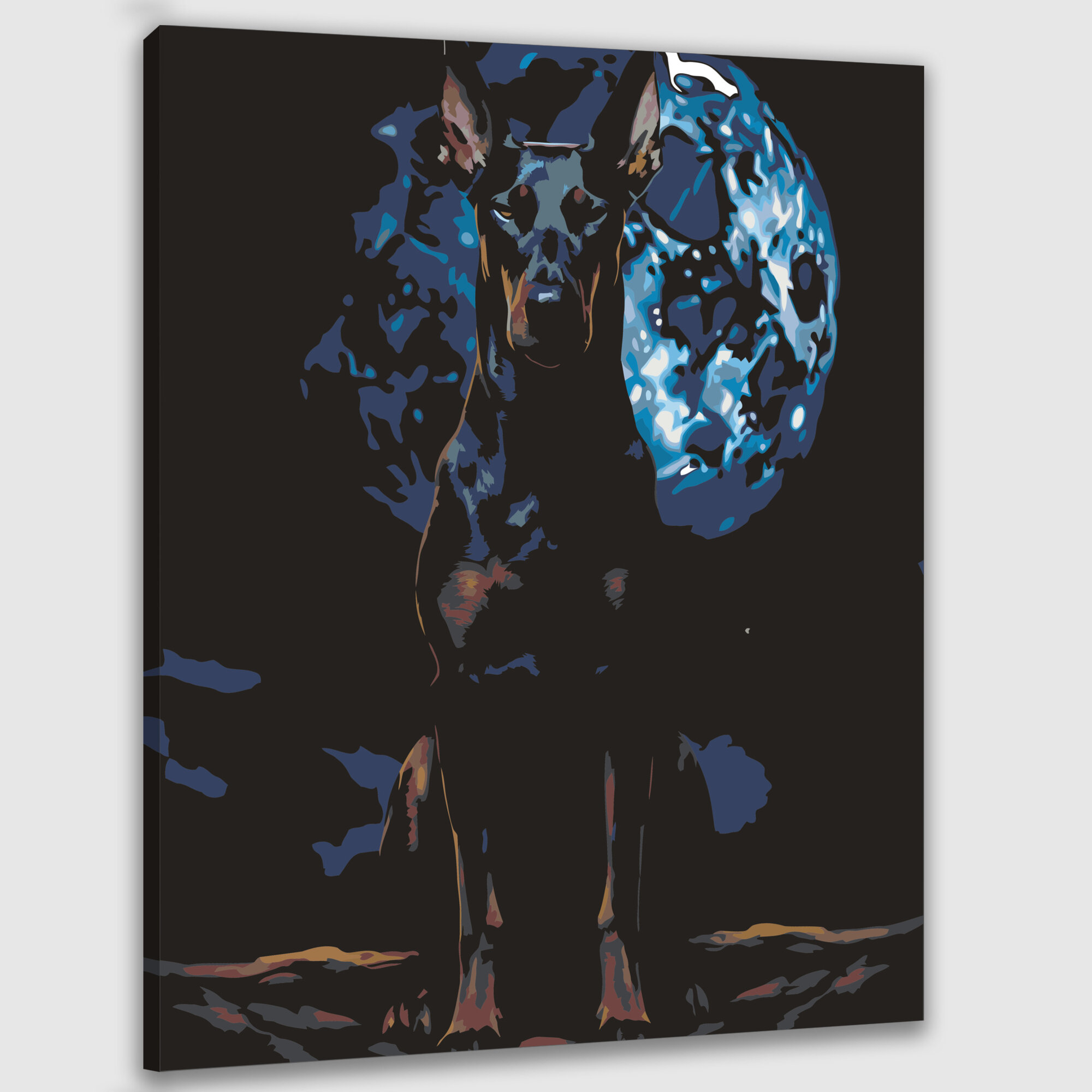 Картина по номерам 40x50 см, цифровая картина, доберман-пинчер, лунный свет, черная шерсть, голубые блики