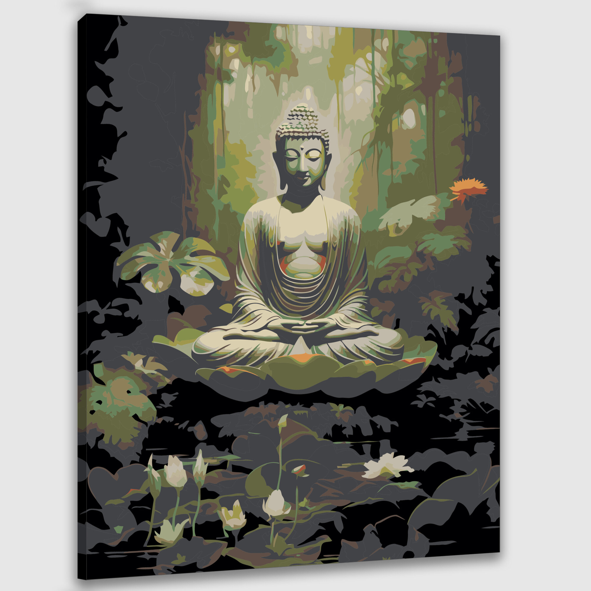 Картина по номерам 40x50 см, Будда, медитация, зелень, цветы лотоса, спокойствие, умиротворение, яркие цвета