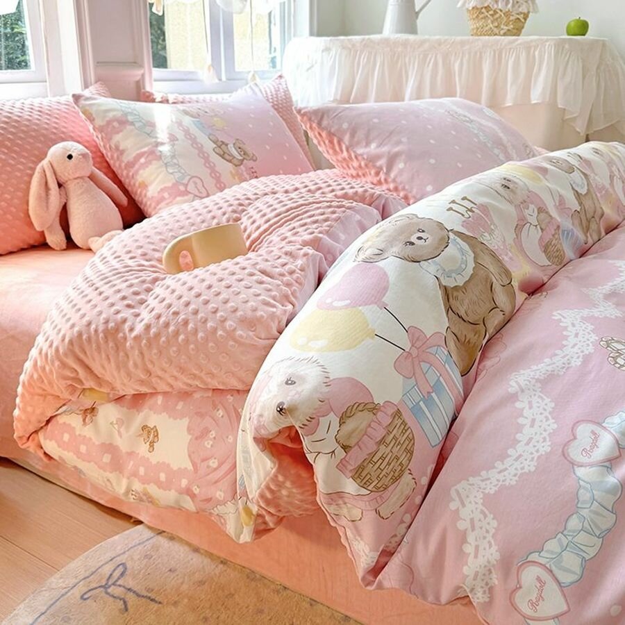 Постельное белье 1,5 спальное хлопок флис, принт "Милый медвежонок мягкий кролик"