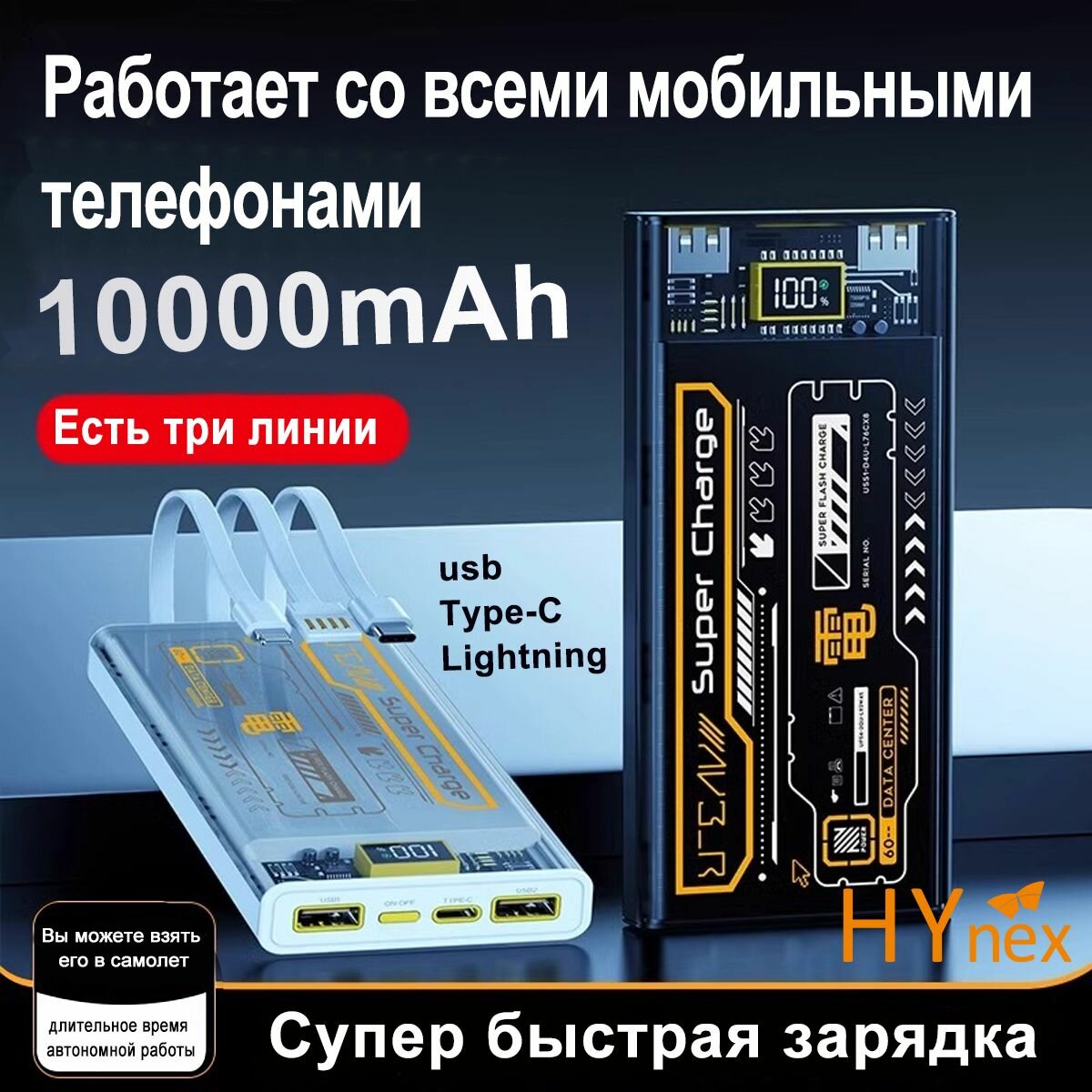 Повербанк 10000mAh с быстрой зарядкой. Powerbank пауэрбанк для телефона Iphone, внешний аккумулятор
