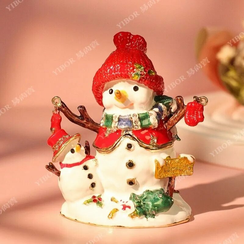 Ручная эмалевая шкатулка , Рождество , Снеговик в красном , Новогодний подарок , 5.5x5.8 см