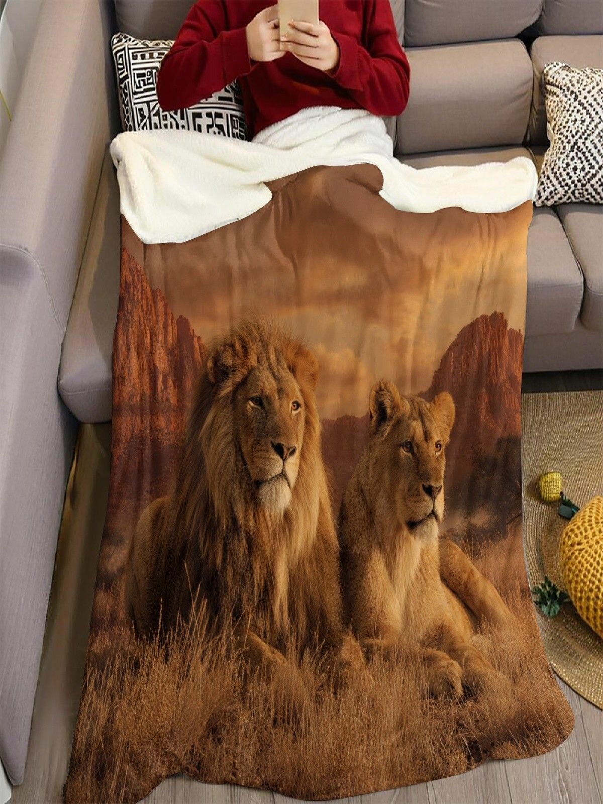 Плед фланелевый 240x220 cm с 3D-принтом, мягкое Животное Лев для дивана и кровати, пушистое покрывало