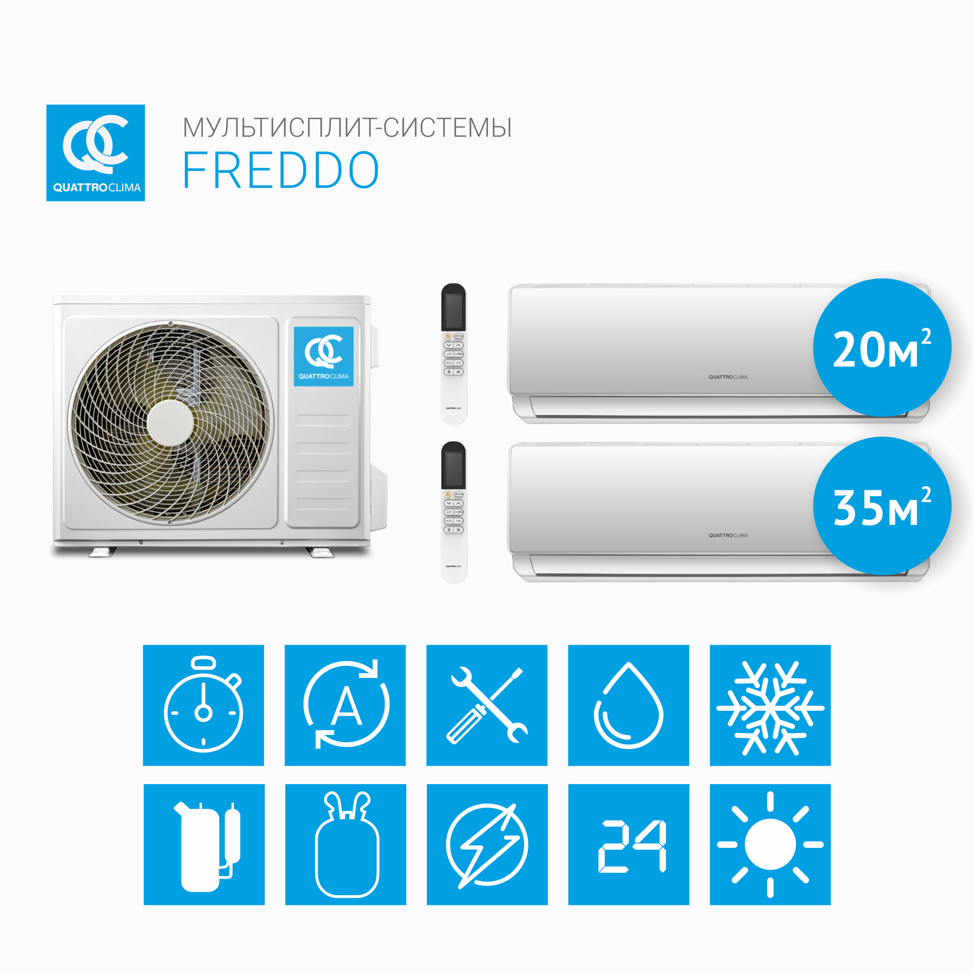 Мульти сплит система инвертор на 2 комнаты QuattroClima QN-FM18UA + QV-FM07WA + QV-FM12WA