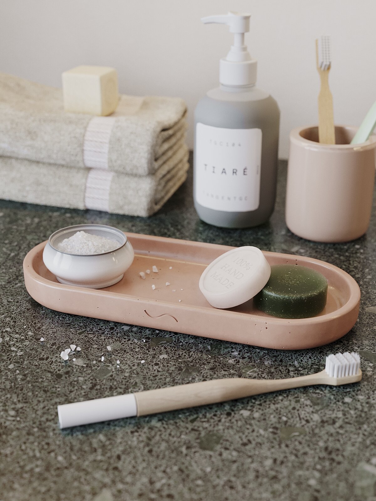 Декоративный поднос для ванной, подставка для косметики Astrid S, 26x11см, бетон, розовый глянцевый