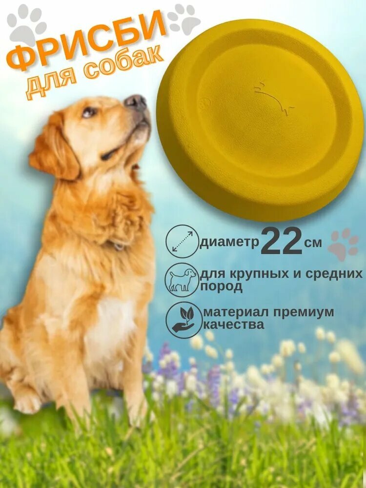 Игрушка для собак средних и крупных, пород, Фрисби, тарелка желтый из EVA материала, диаметром 22 см