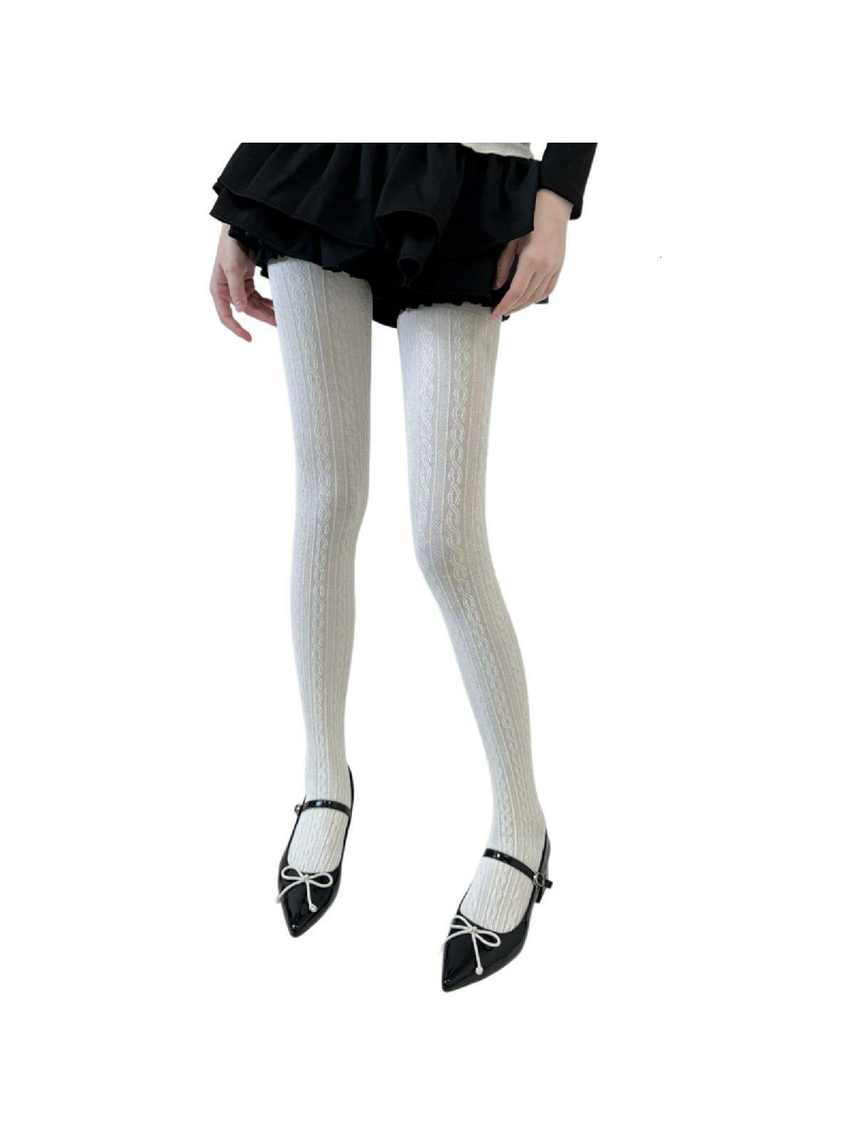 Женские тёплые однотонные колготки с узором, Молочно - белый