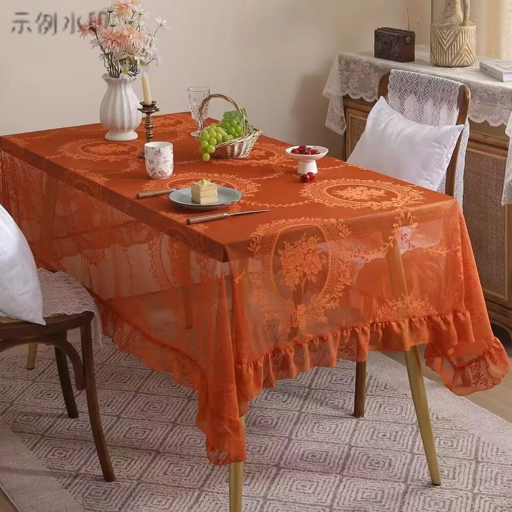Скатерть 100x140см Полиэфирный шелк Оранжевая с кружевом на стол
