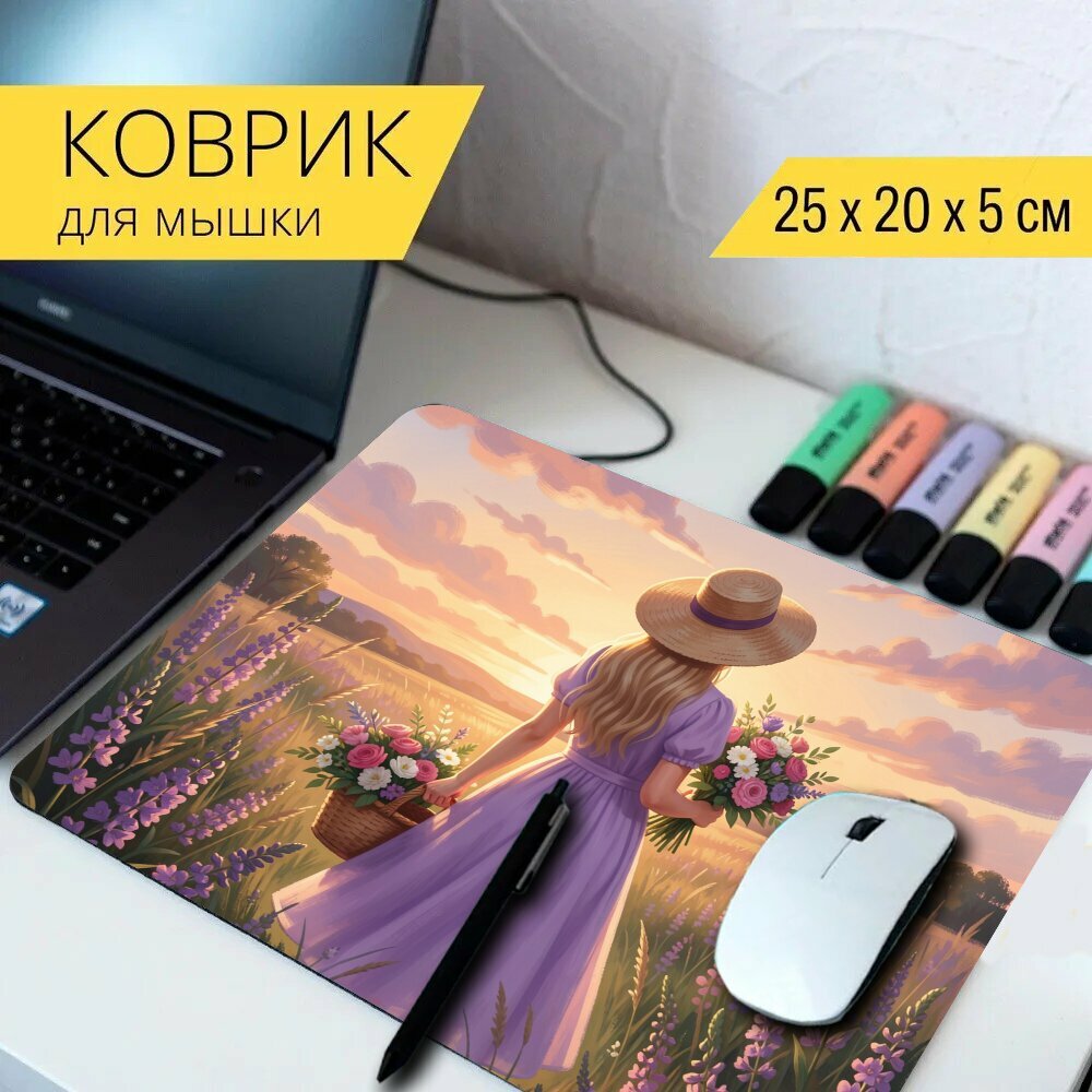 Коврик для мыши с принтом "Девушка с букетом в поле. Иллюстрация в нежных пастельных тонах: юная барышня в лавандовом платье и соломенной шляпе стоит среди луговых трав с." 25x20см.