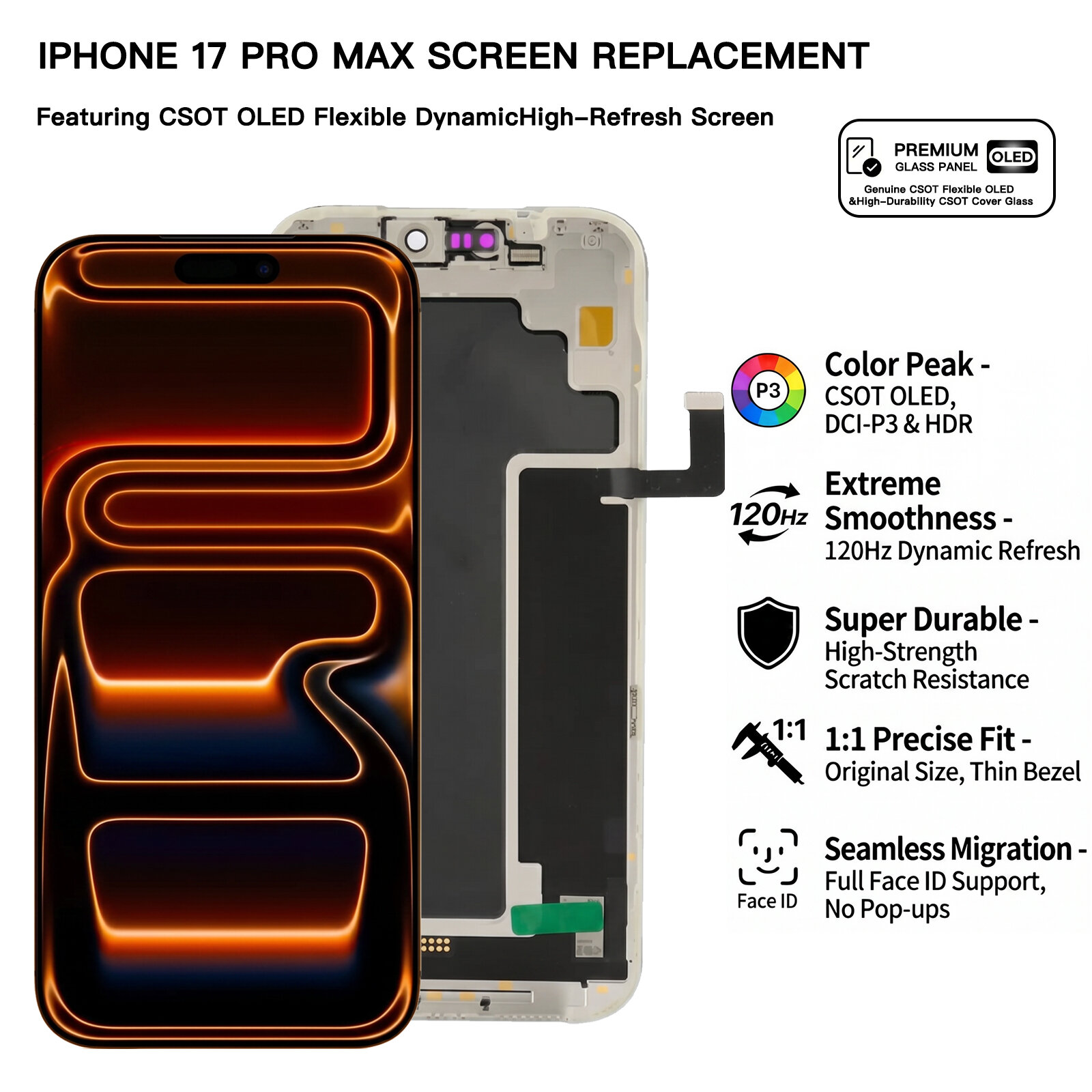 Гибкий OLED-экран-замена для iPhone 17 Promax: 120 Гц, рамки 0.9 мм, высший китайский класс