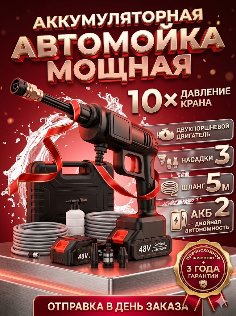 Мойка высокого давления аккумуляторная для автомобиля, Автомойка, в кейсе 2 аккумулятора, 3 насадки