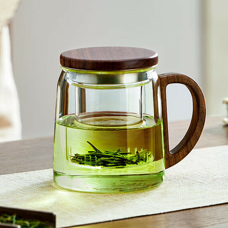 YIHUTEA Glass Tea Cup with Tea Infuser, Office Water Cup for Men with Lid, Large Capacity Green Tea Brewing Set