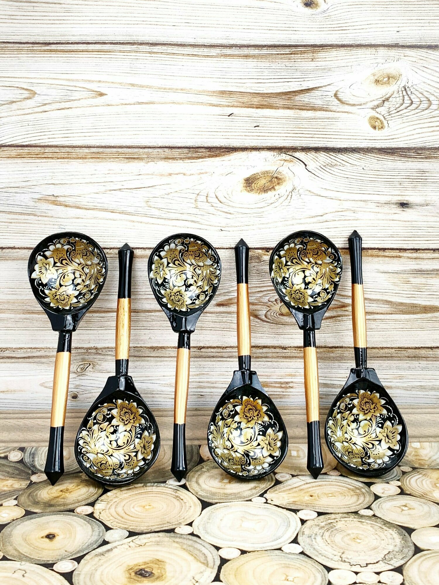 Ложки деревянные музыкальные, столовые, народные музыкальные инструменты, ручная авторская роспись, черные, 6 шт.