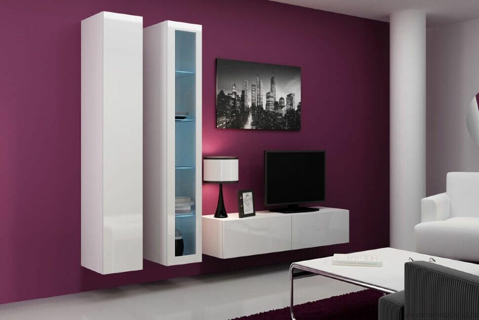 Стенка в гостиную "Виго 10" 220х200х42, белый / белый глянец