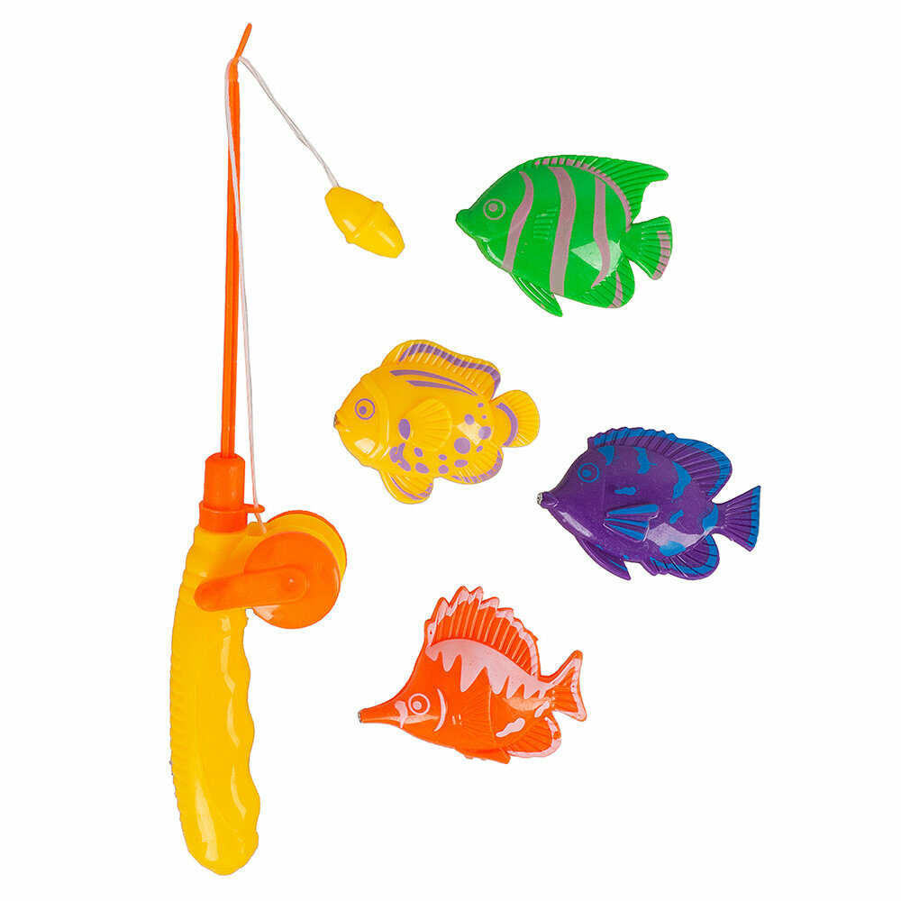 Игровой набор Магнитная рыбалка, удочка, 4 фигурки морских обитателей, желтая удочка, желтая рыбка (555-222)