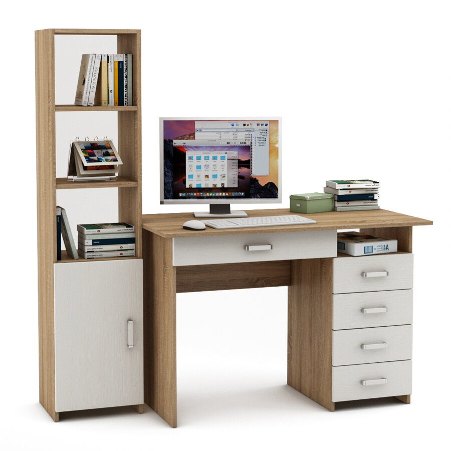 Стол письменный, компьютерный Лайт (Ньюкасл) 5Я с ящиком и стеллажом 145х60х149,2 см, Дуб сонома/Фасад белый
