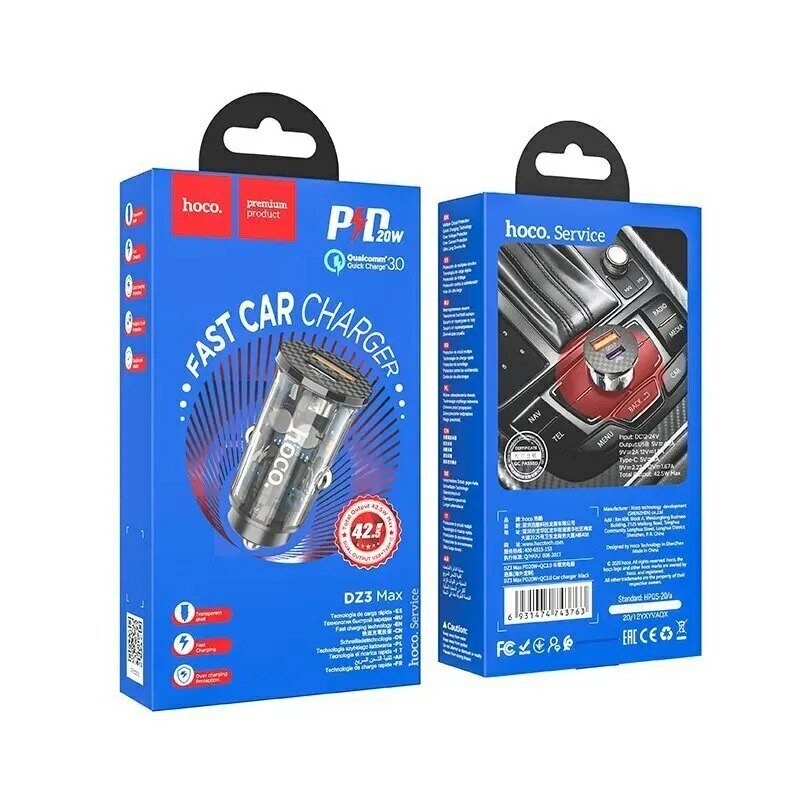 Автомобильное зарядное устройство hoco DZ3 Max / выходы USB + Type-С 42.5W / прозрачный + черный карбон