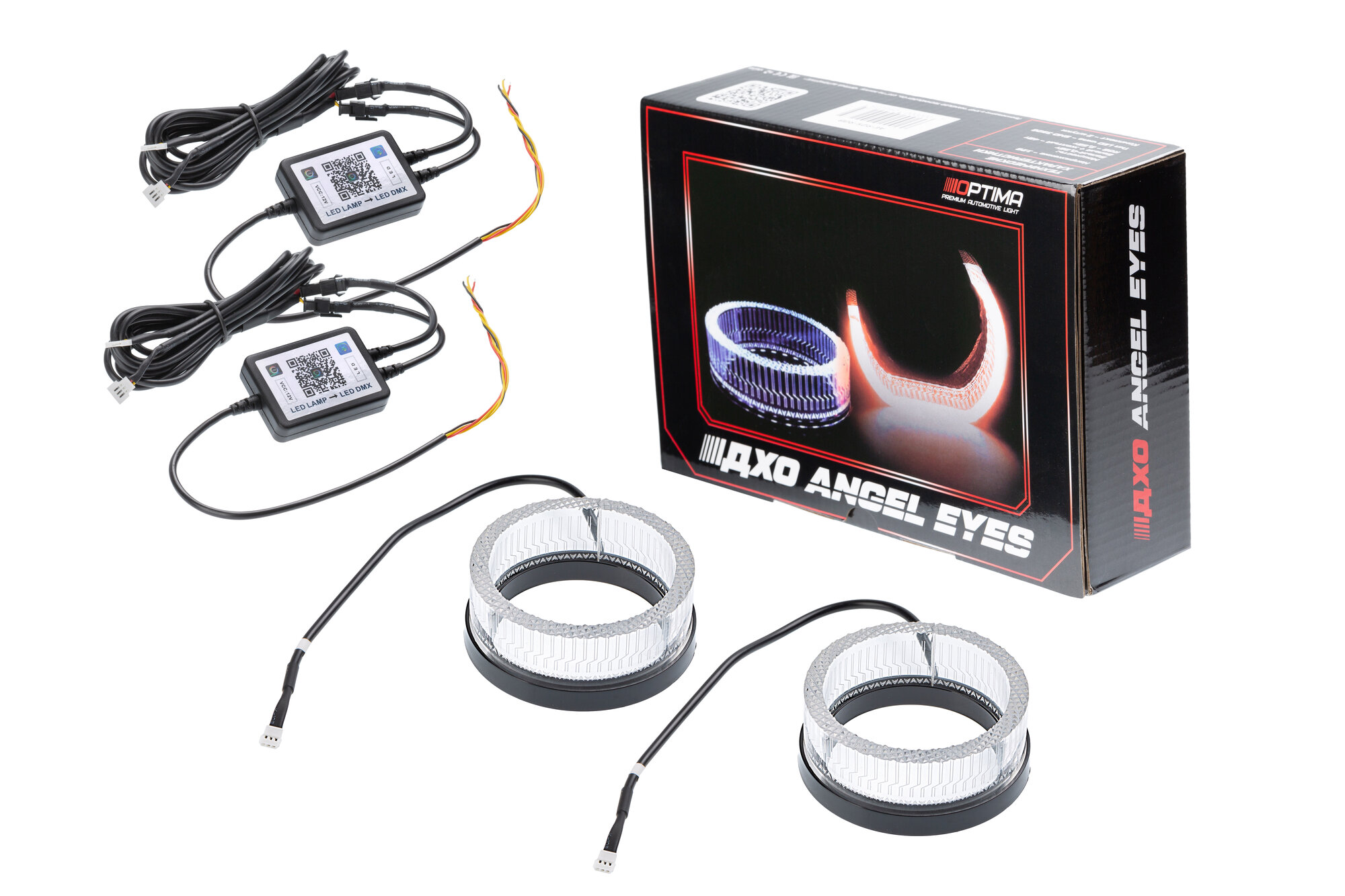 Ангельские глазки 3D с функцией ДХО/Поворотник Optima Light на линзу 2,5", форма круглая, диаметр 74/92мм, цвет RGB (2 шт.)