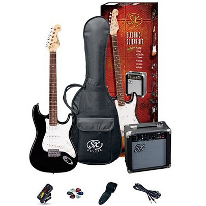 SX SE1-SK/BK Набор: электрогитара, корпус: липа, гриф: клен, накладка: палисандр, анкер, лады 22, Звукосниматели 3 Single Coil, контроллеры: 1 громкость, 2 тон, 5 позиционный переключатель, цвет черный, комбо 10Вт, кабель, ремень, тюнер, 6 медиаторов, чех
