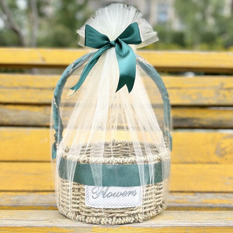 Источник в наличии Круглая соломенная подарочная корзина Happy Shop Портативная корзина для хранения Ротанговая