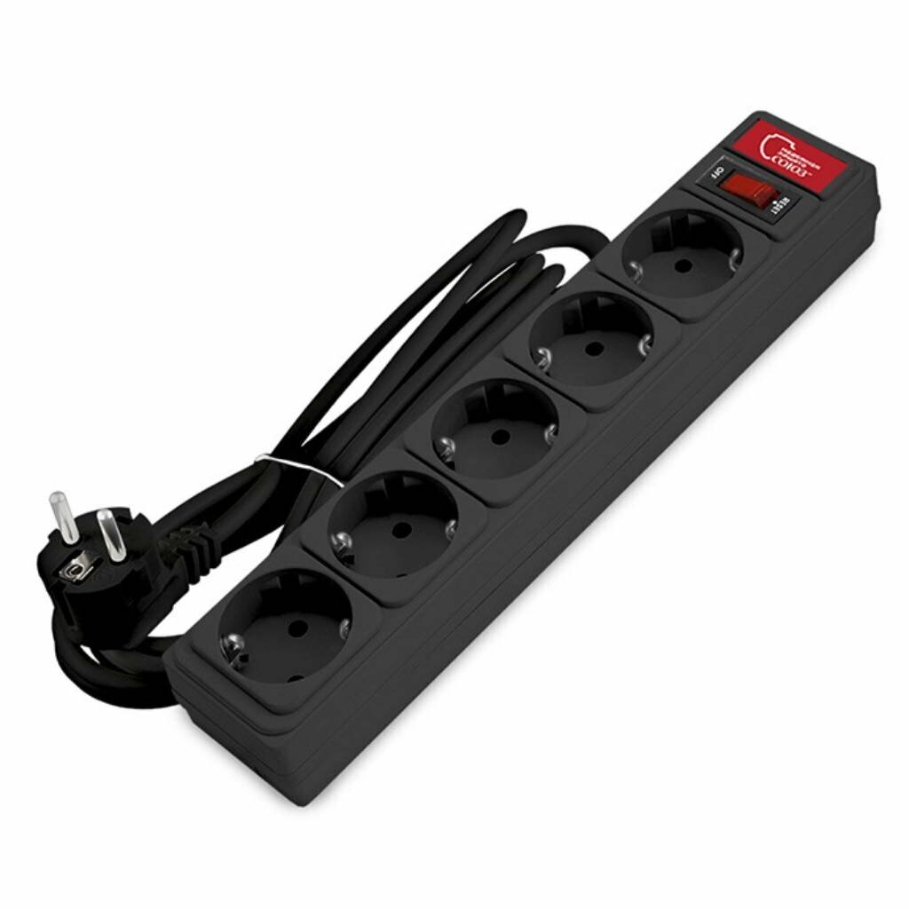 Сетевой фильтр СОЮЗ 5 гнезд, 1,8 м, ПВС, 3х0,75 мм2, с заземлением, 10 А, черный