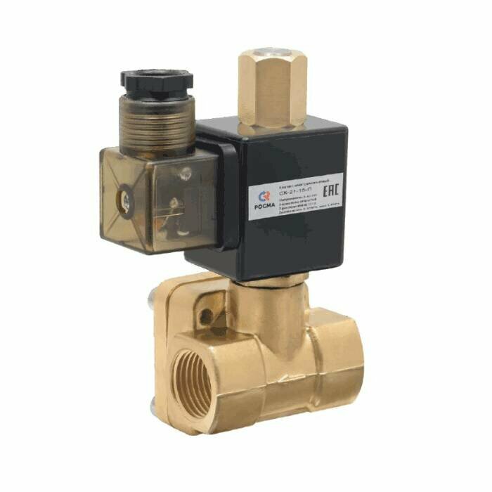 Клапан электромагнитный латунь НЗ СК-11-15-ВД Ду 15 Ру16 G1/2" ВР с катушкой 220В 90С Росма 00000025194