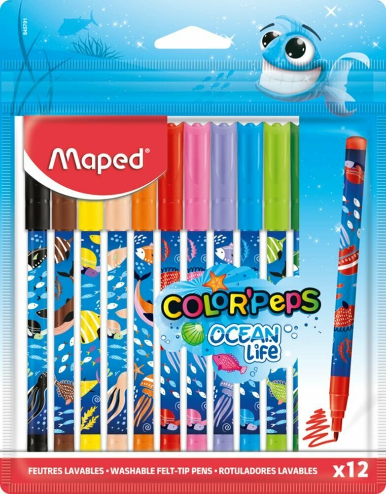 Фломастеры MAPED COLOR'PEPS OCEAN LIFE декорированные с заблокированным пишущим узлом, суперсмываемые, в пакете с подвесом 12 шт