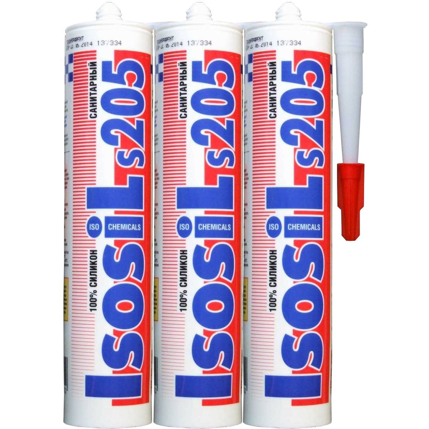 Герметик силиконовый санитарный для ванной и кухни ISOSIL S205, прозрачный, 280 мл (комплект 3 шт.)