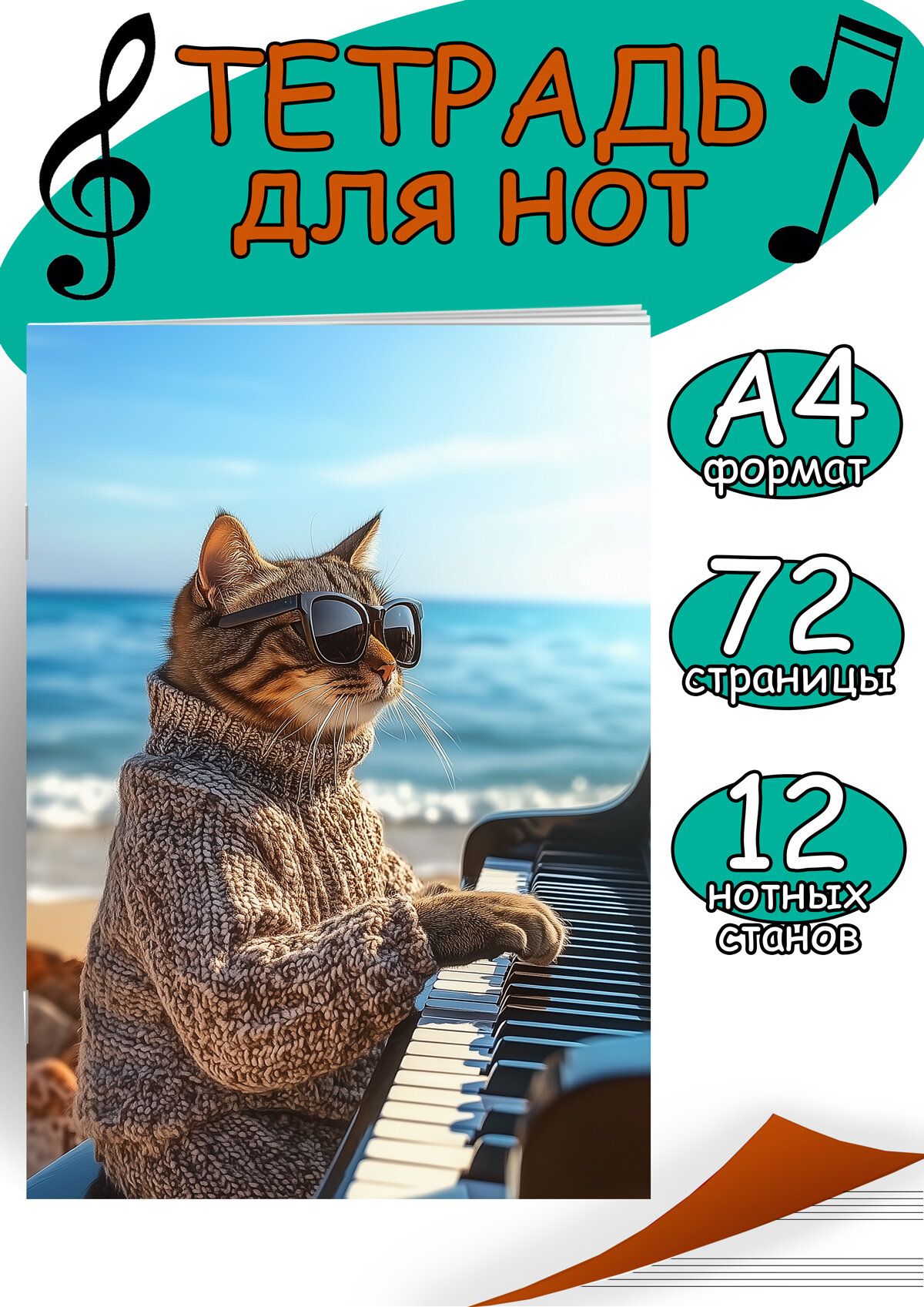 Тетрадь для нот. Страница с 12 нотными станами Кот на море (72 страницы)