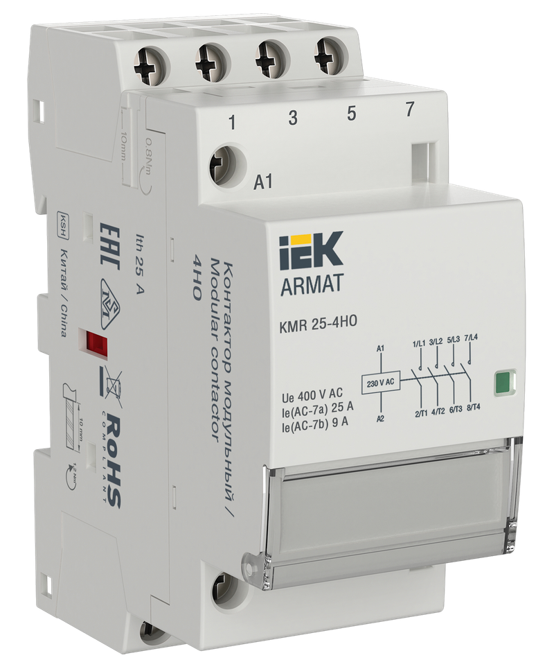 Контактор модульный IEK / ИЭК KMR Armat, 25А 230В AC 4НО, AR-KMR10-025-40-230 / коммутационное оборудование