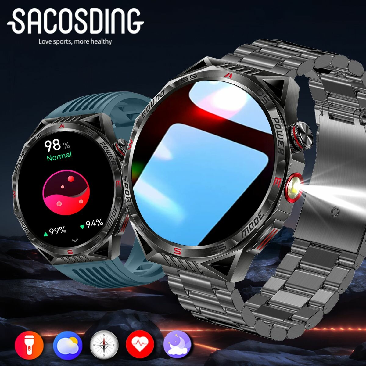 Смарт часы мужские Smart SPORTS Watch с 1.85'большим amoled экраном, С фонариком лазерный свет, компас, фитнес-трекер, bluetooth звонки