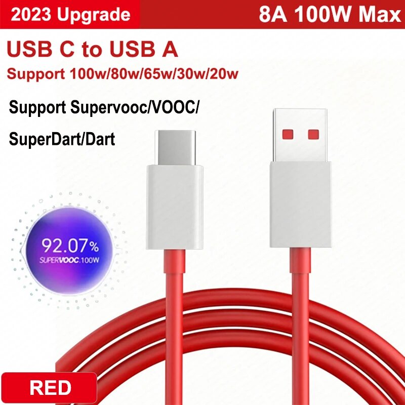 Кабель USB C to USB A 100W 8A Red, Supervooc, 1 м