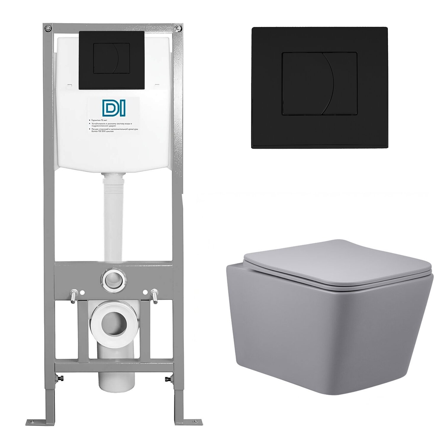 Комплект 3 в 1 инсталляция DI + Подвесной унитаз Vincea Q-Line VT1-12MG серый с кнопкой черной Тип 2-Ч-DI + VT1-12MG