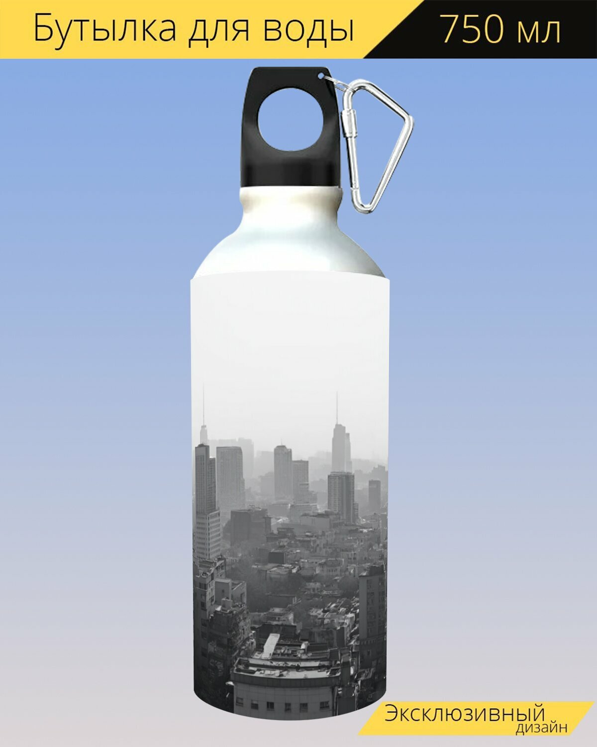 Бутылка фляга для воды "Черно-белый, представляющие собой вид на шумный город с высокими зданиями, утопающими в дымке осеннего утра. стиль - городской" 750 мл. с карабином и принтом