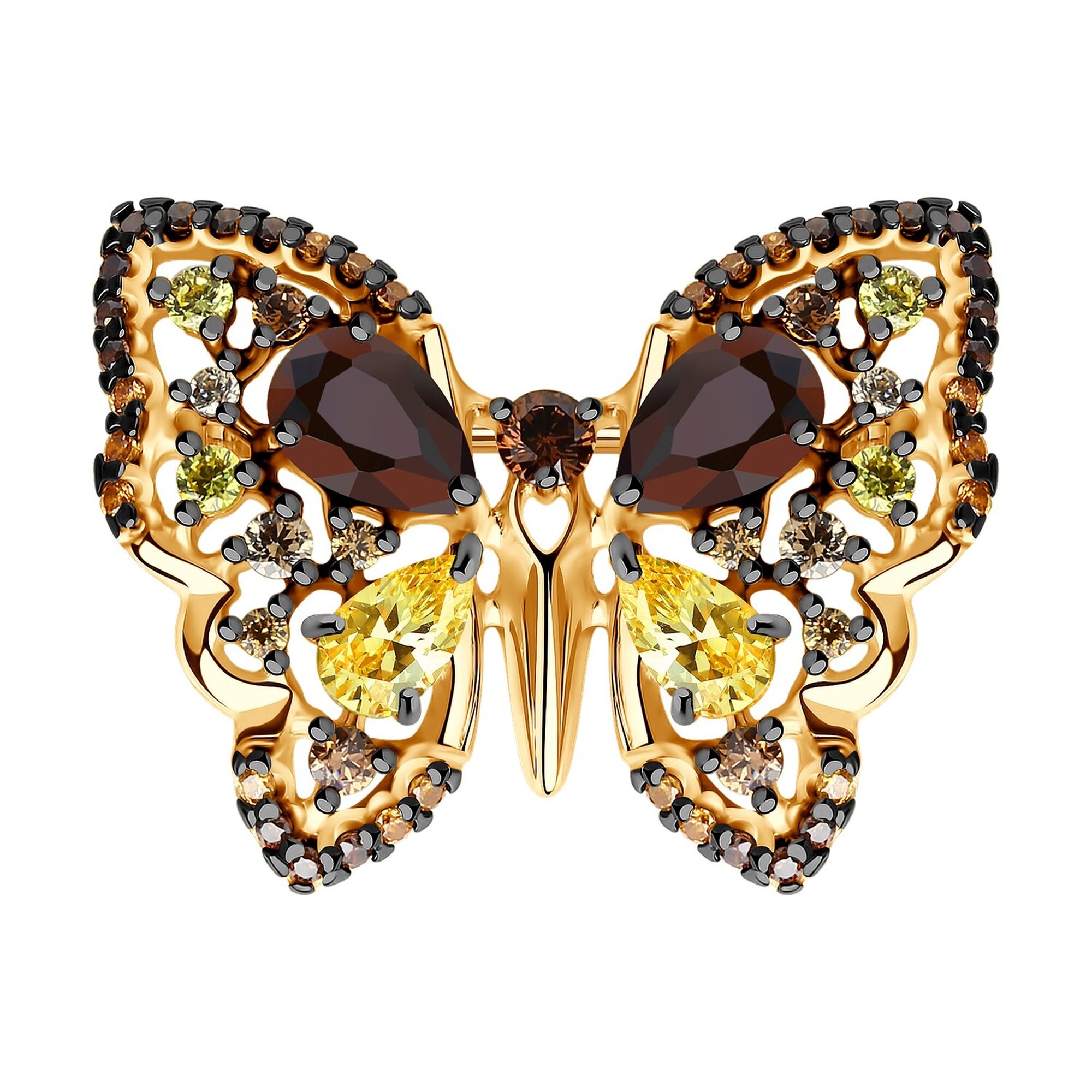 Брошь, серебро, 925 проба, золочение, фианит