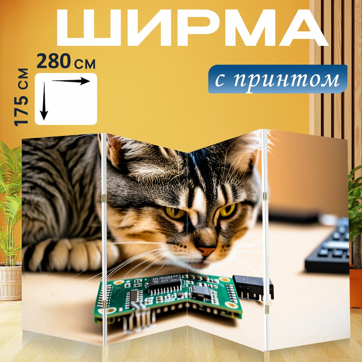 Ширма "Кот, компонуя электронные детали на столе" перегородка для зонирования комнаты с принтом 280x175 см. на холсте