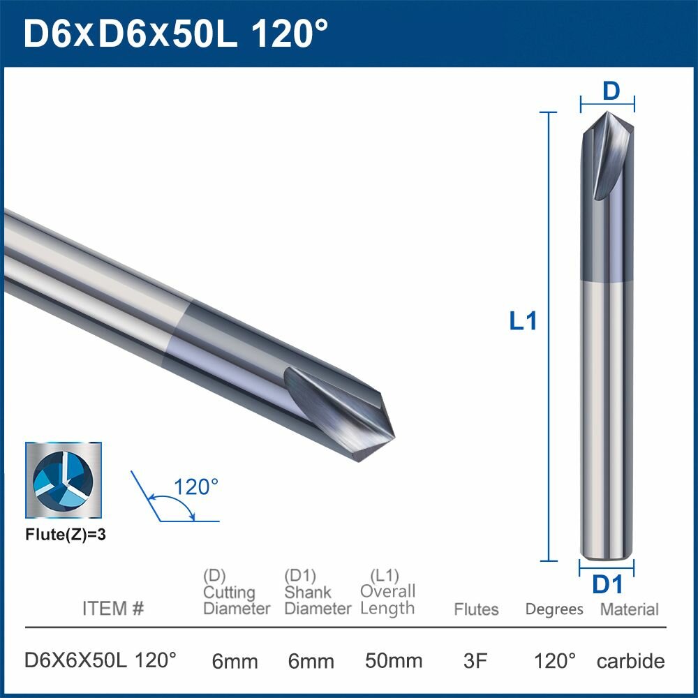Фреза XCAN фасочная трехзаходная по металлу, 6х6х50 мм, 120 градусов, вольфрамовый сплав с покрытием TiAlN