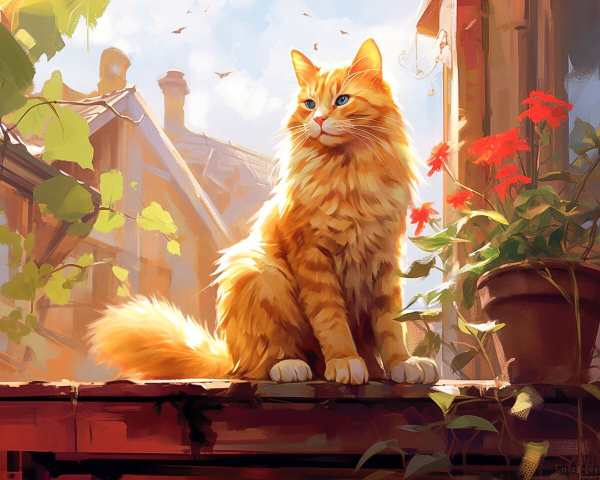 Картина по номерам рыжий кот и цветы 40х50