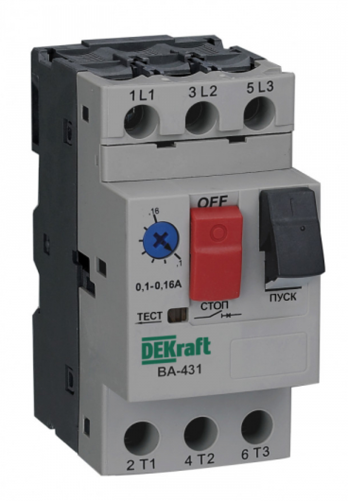 Пускатель ручной кнопочный DEKraft / ДеКрафт ВА-431 в пластиковом корпусе с термомагнитным расцепителем, серый, 3 полюса, 690В 2.5А 100кА, IP20, 21226DEK