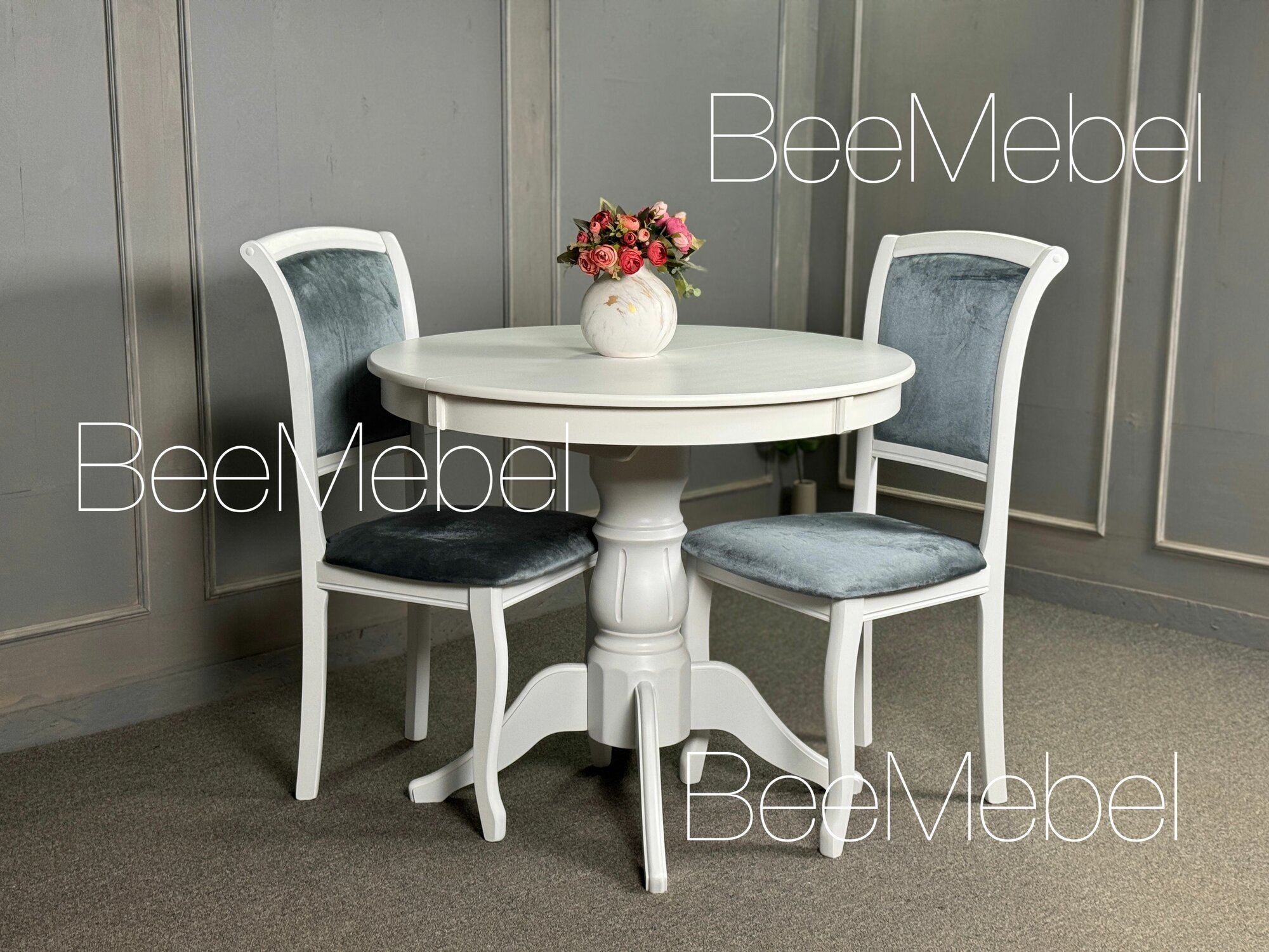 Обеденная группа, стол обеденный белый круглый 90см и 2 стула