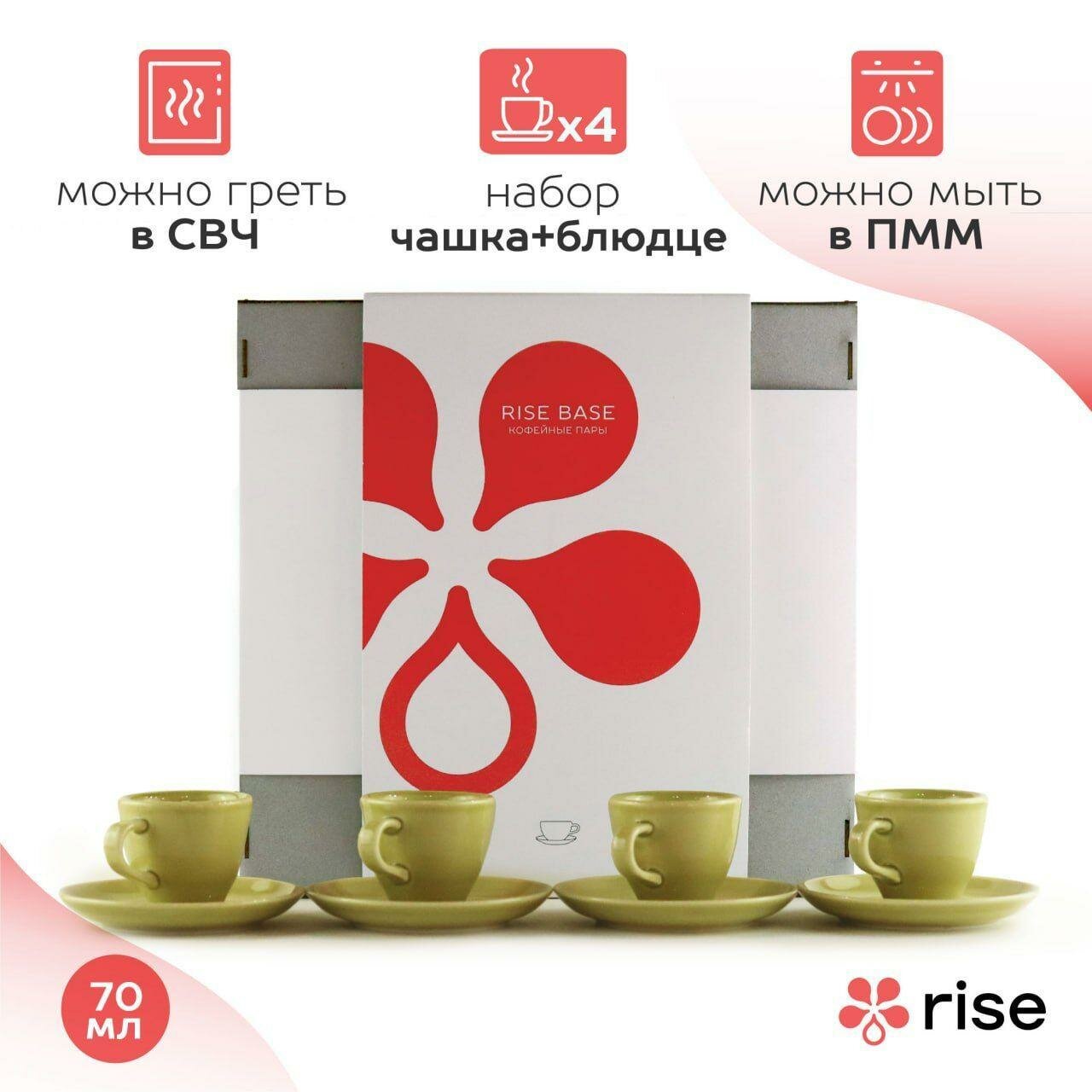 Набор кофейных пар RISE 70 мл на 4 персоны, материал: фарфор, цвет: фисташковый