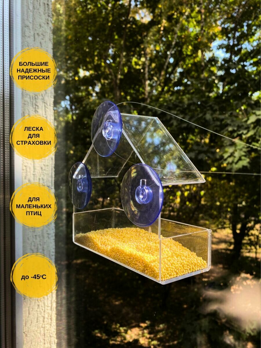 Уличная кормушка для птиц на окно прозрачная на присосках антиголубь.