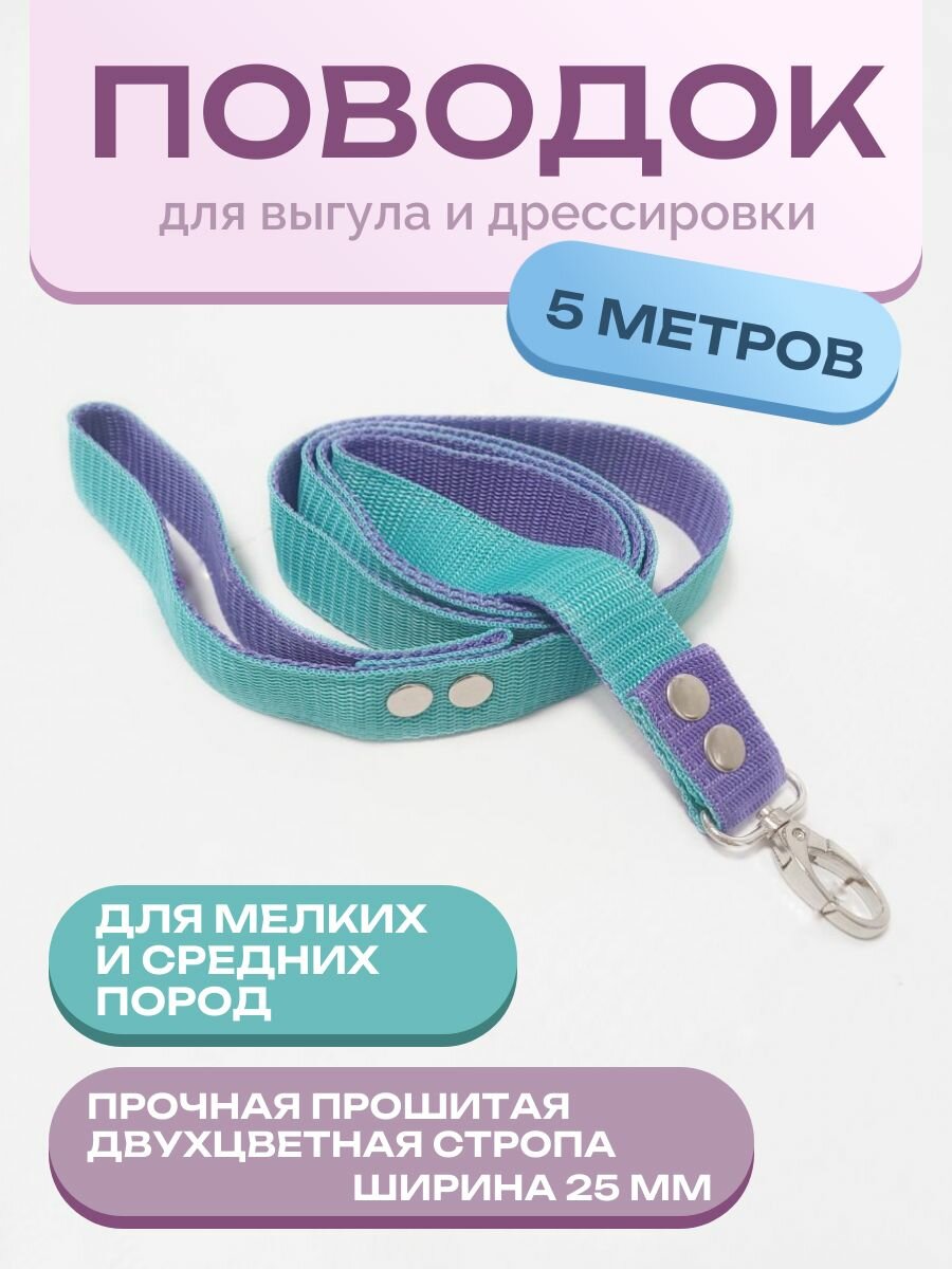 Поводок для собак, стропа фиолетовый/мятный, 5 м, ширина 25мм