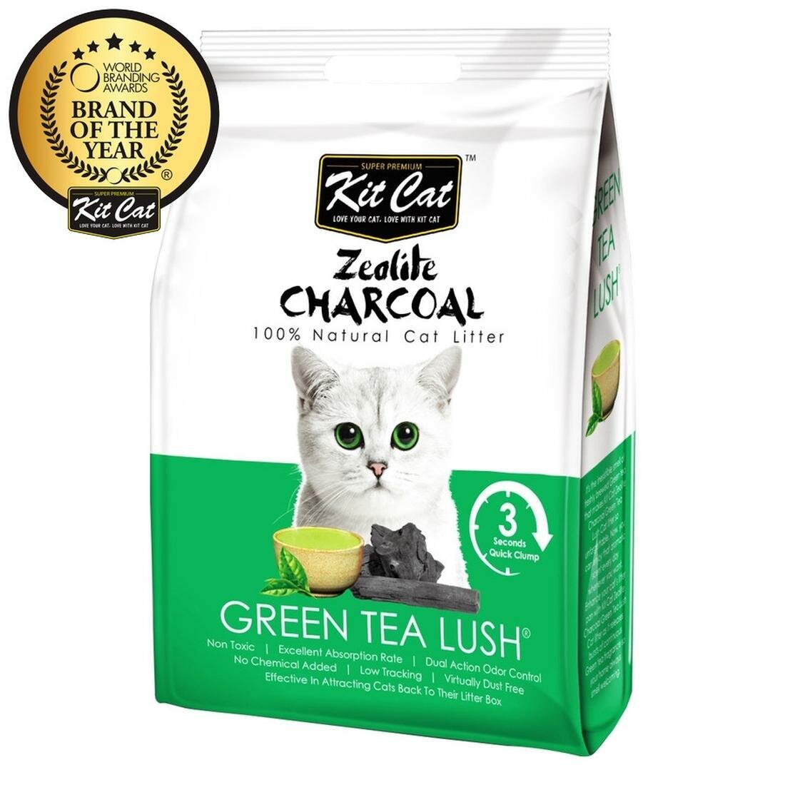Kit Cat Zeolite Charcoal Green Tea Lush цеолитовый комкующийся наполнитель с ароматом зеленого чая 4 кг