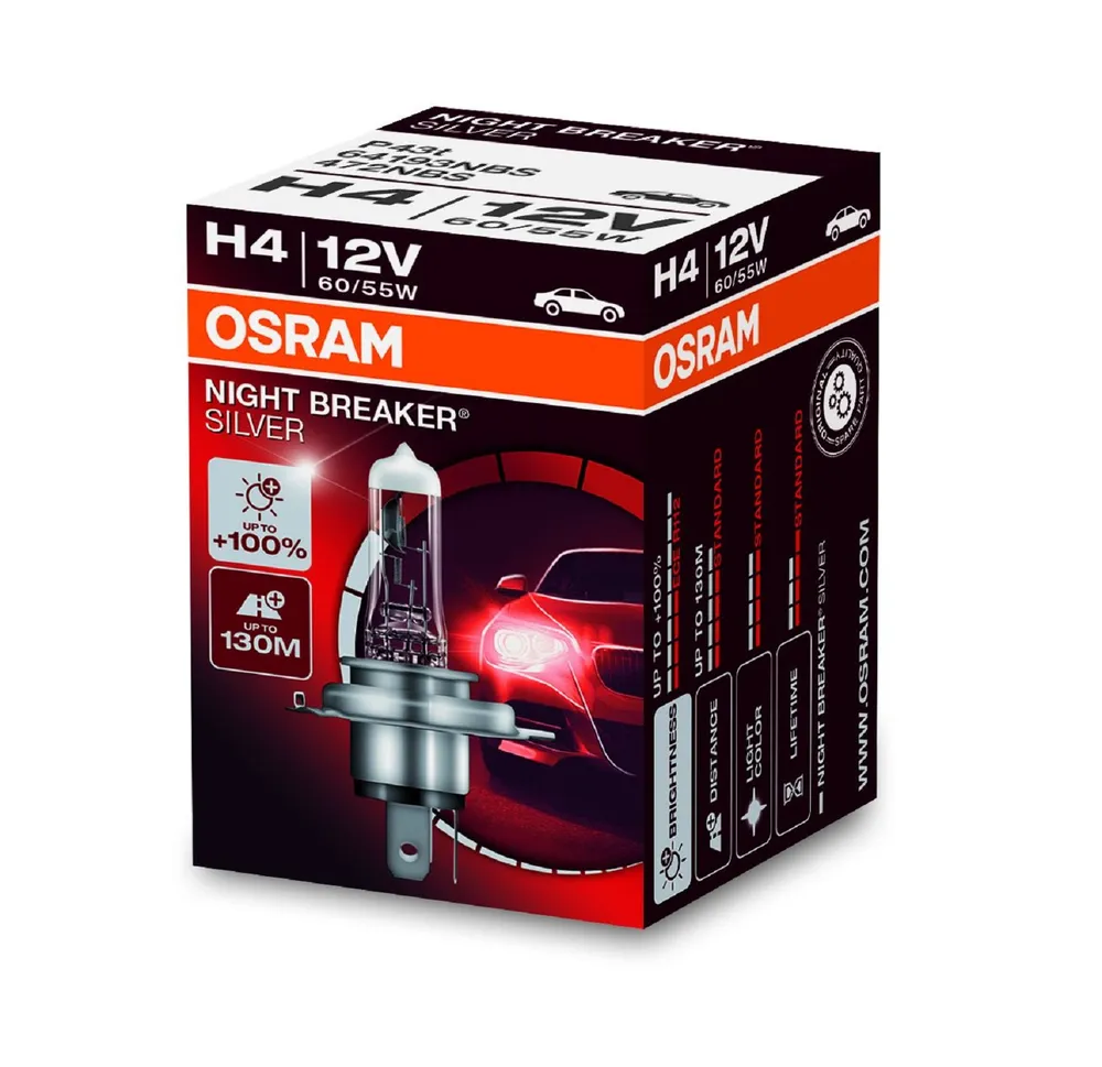Галогеновая лампа Osram H4 12V (60/55W) Night Breaker Silver +150% яркости 64193NBL