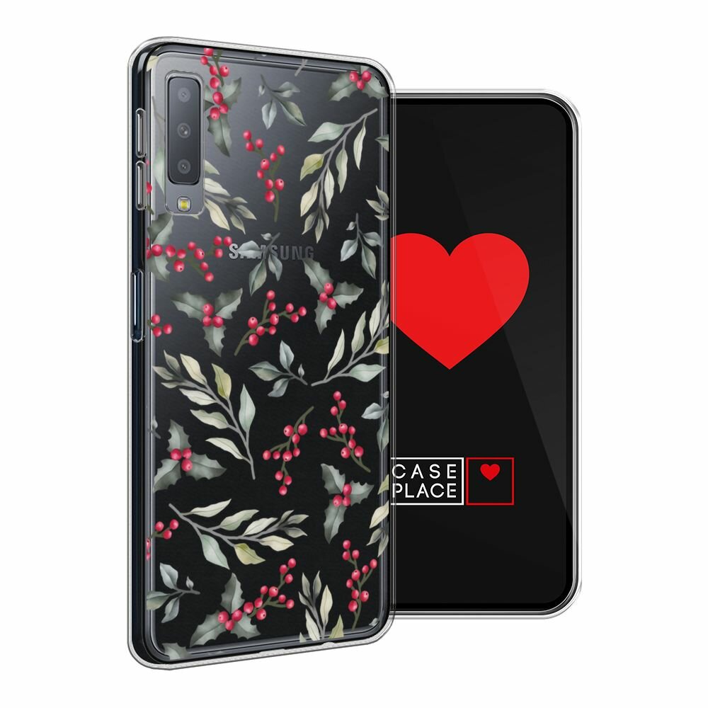 Чехол на Samsung Galaxy A7 2018 / Самсунг Галакси А7 2018 с принтом Зимние ягоды паттерн, прозрачный — фото 1